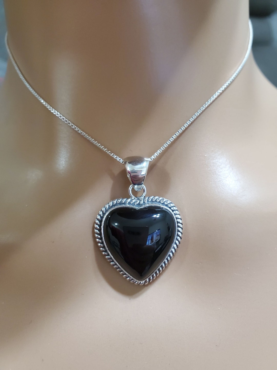 Black Onyx Heart Pendant/sterling Silver/ Heart Necklace/ Black Stone ...