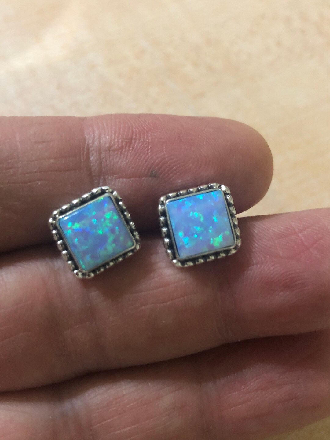 Square Fire Opal Earring/8mm Studs/sterling Silver /handmade Jewelry ...