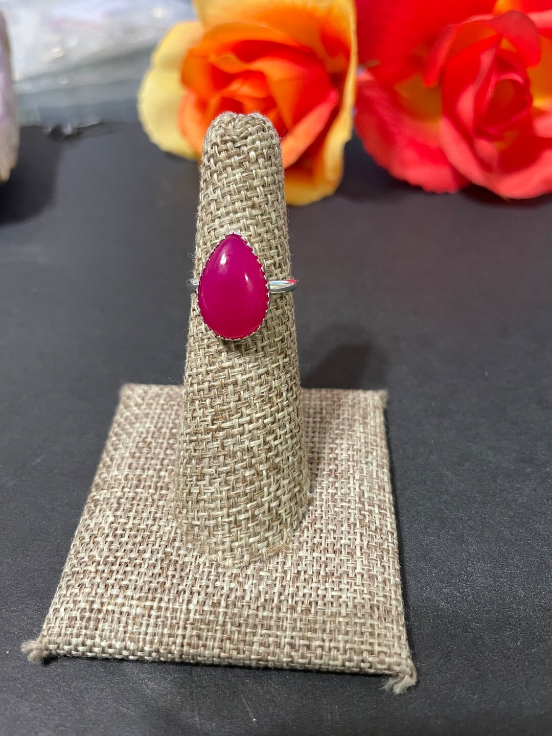 Teardrop Hot Pink Ring/sterling Silver Ring/pink Quartz Ring/handmade ...