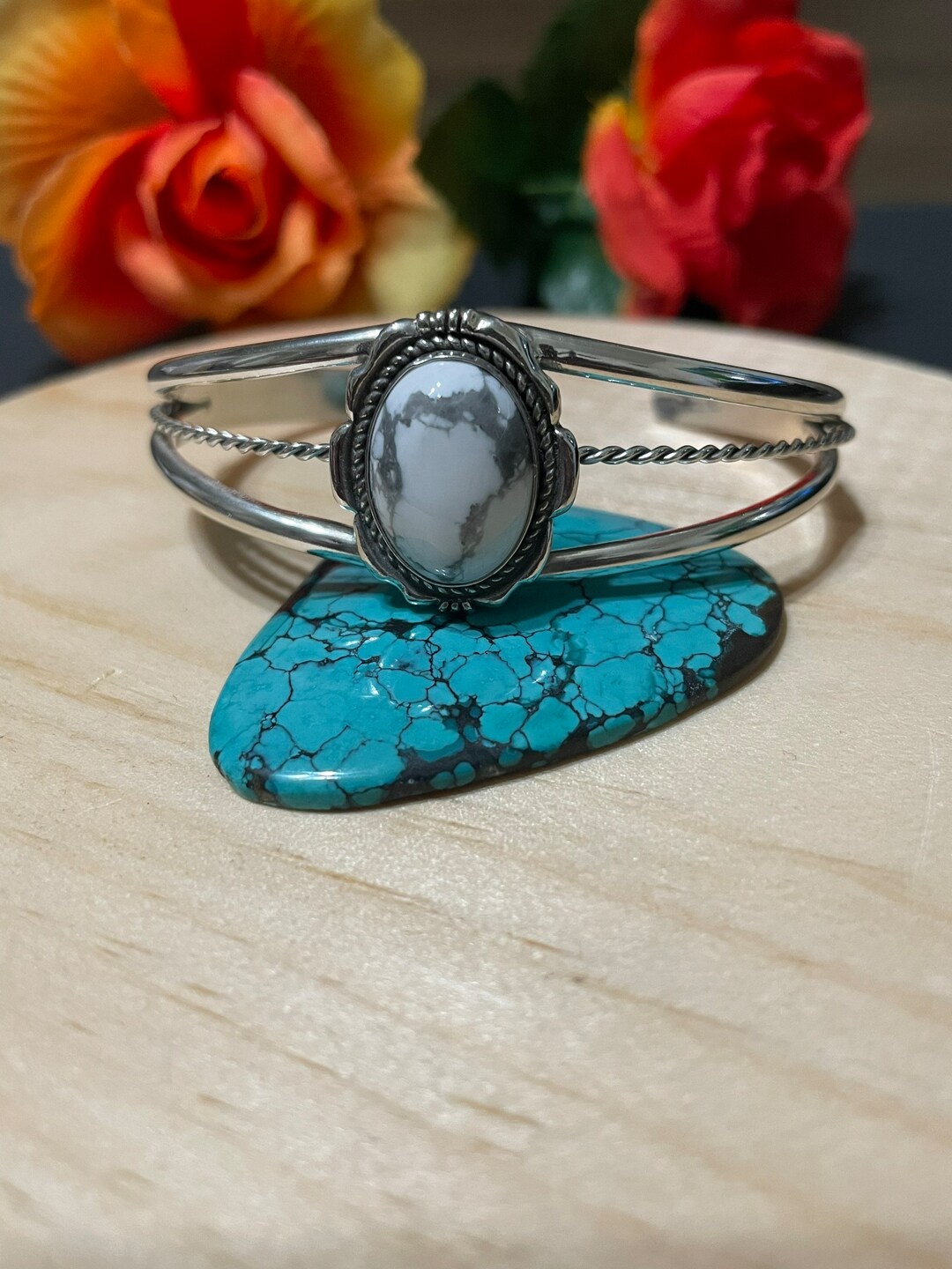 White Buffalo Turquoise Bracelet Cuff/howlite Cuff/sterling - Etsy