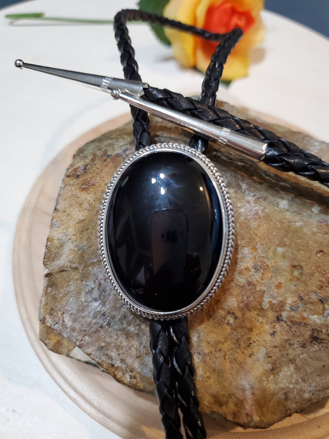 Black Onyx Bolo Tie/sterling Silver Bolo Tie/large Black Stone Bolo ...