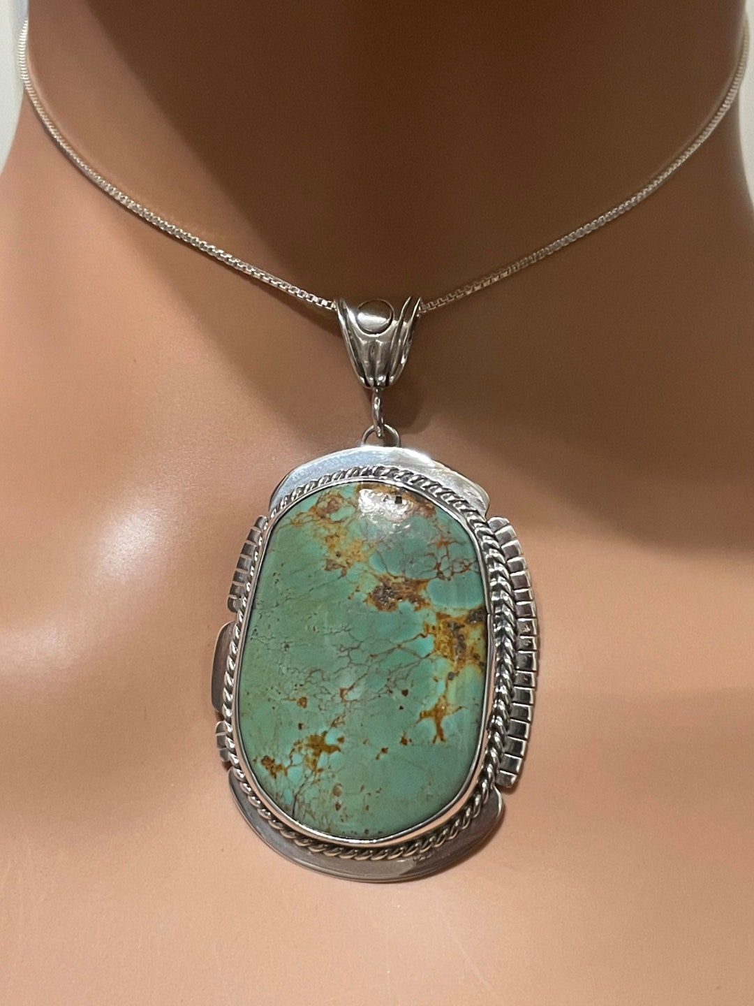 Blue Turquoise Pendant Necklace/ Large Turquoise Pendant/sterling ...