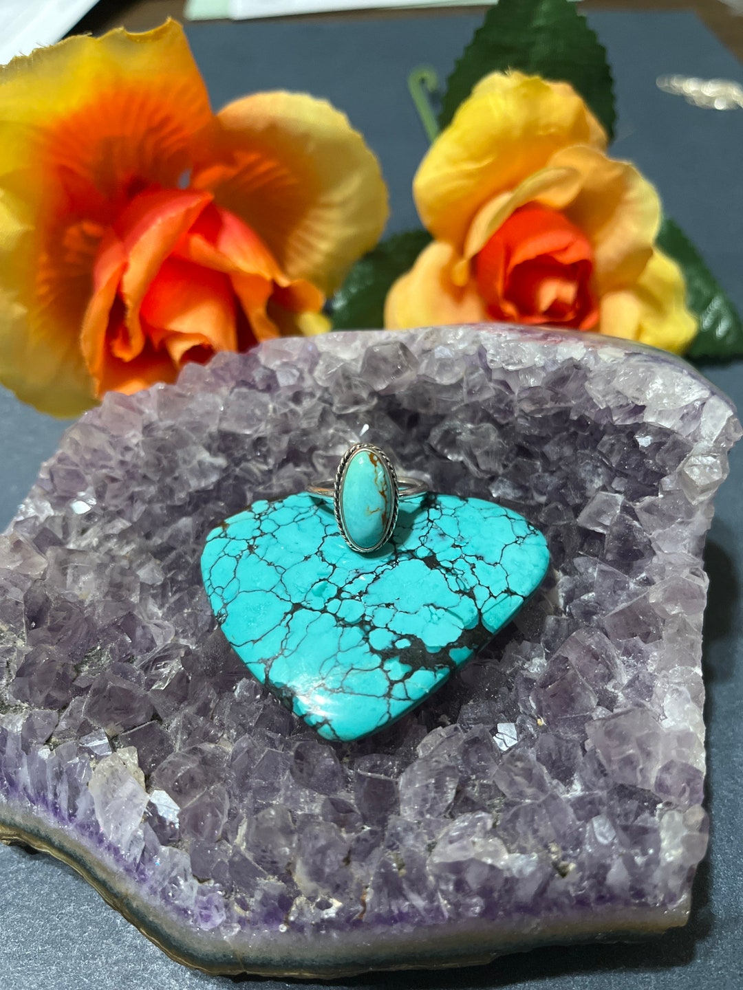 Blue Turquoise Ring/gold Matrix Turquoise/oval Ring/solid Band Sterling ...