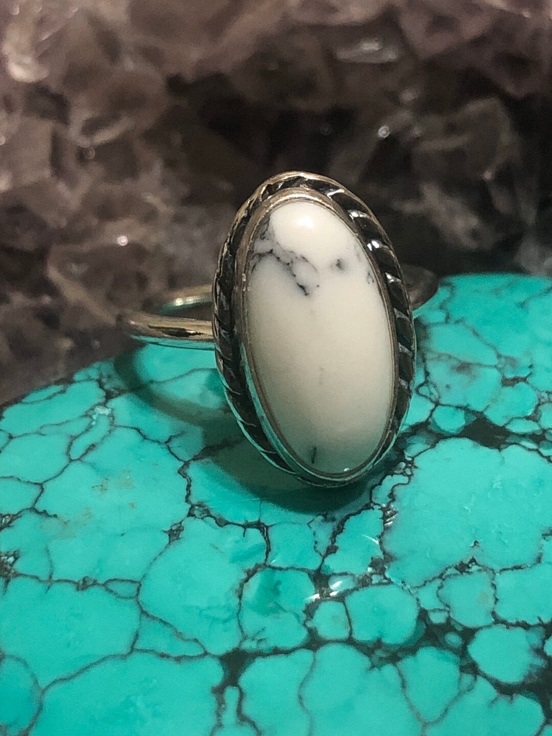 Long Oval White Turquoise Ring Sterling Silver/ White Buffalo/ Solid ...