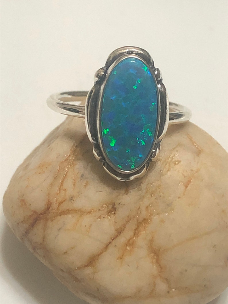 Nice Long Oval With Blue Fire Opal Ring/ Sterling Silver/statement ...