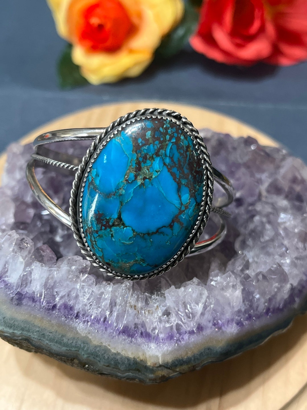 Blue Turquoise Cuff/turquoise Bracelet/statement Cuff/sterling Silver ...