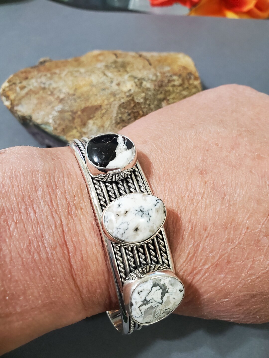 White Buffalo Cuff Bracelet/white Buffalo Cuff/925 Sterling Silver Cuff/white Turquoise Cuff ...