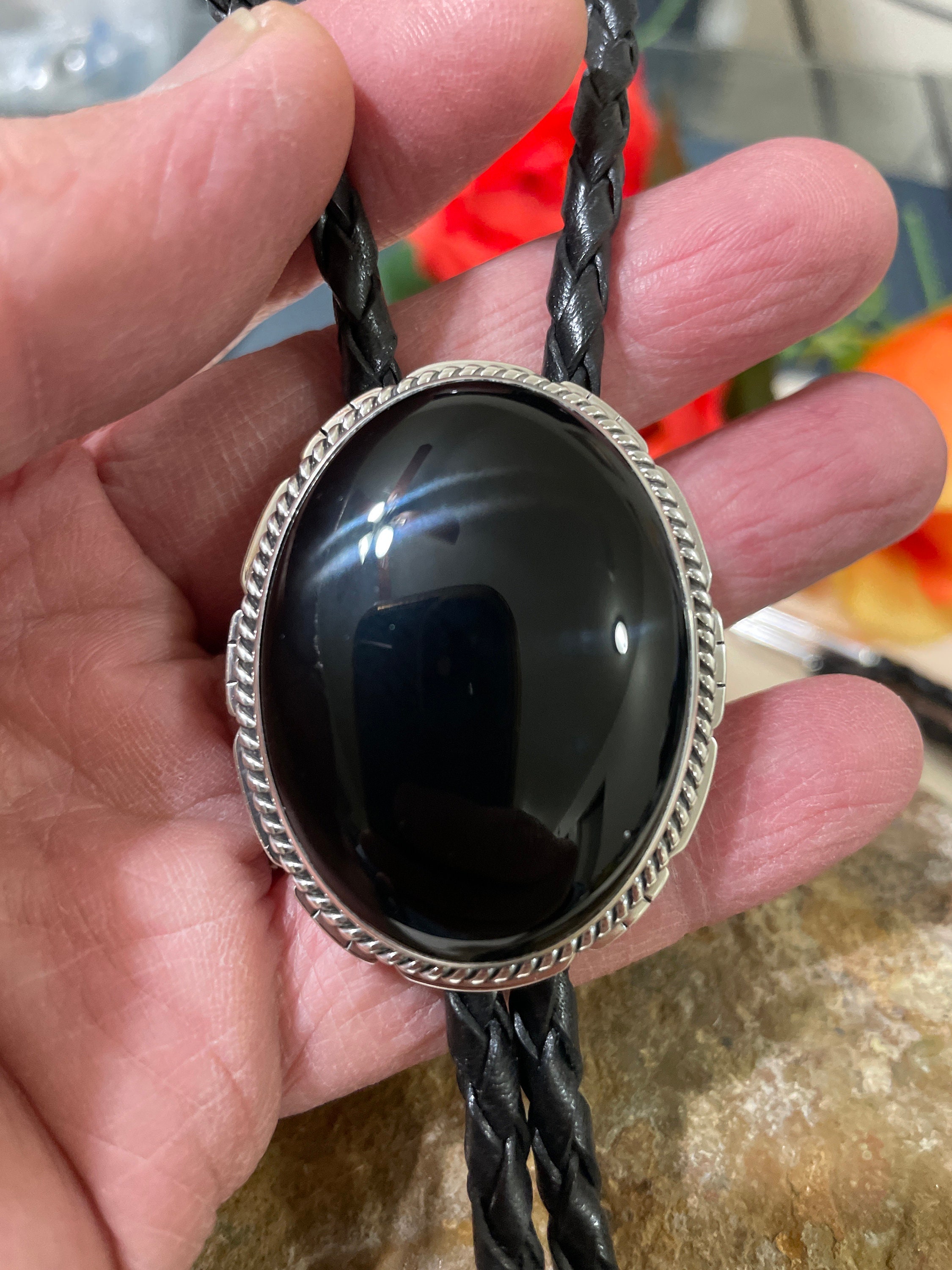 Black Onyx Bolo Tie /big Black Stone Stone/silver Bolo/genuine Leather ...