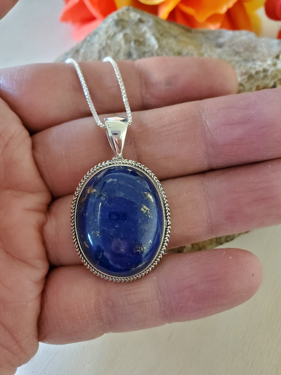 Blue Lapis Pendant/large Blue Pendant Necklace/blue Pendant/sterling ...