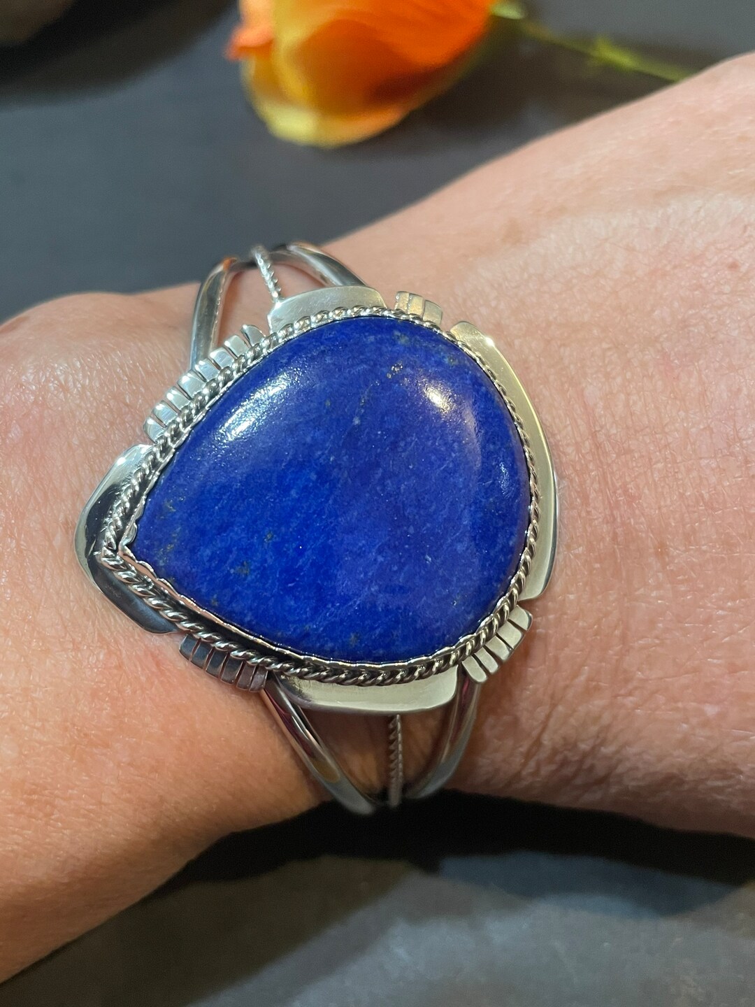 Blue Lapis Lazuli Cuff/ Natural Lapis Lazuli Cuff/sterling Silver Bracelet/blue Stone Cuff/blue ...