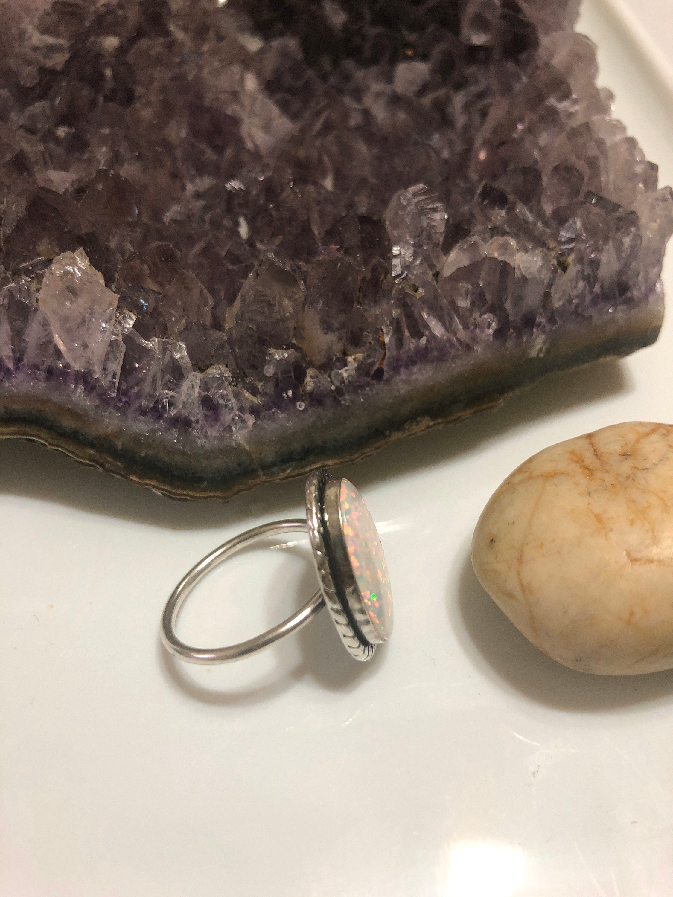 White Fire Opal Ring/ Sterling Silver/statement Ring / Handmade/ Large ...