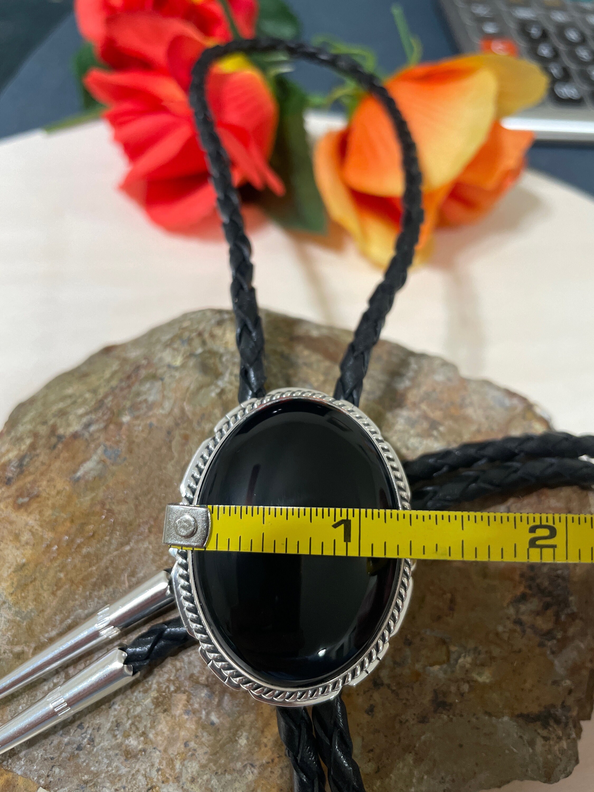 Black Onyx Bolo Tie /big Black Stone Stone/silver Bolo/genuine Leather ...