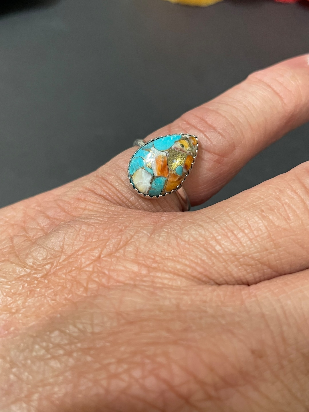 Spiny Oyster Turquoise Ring/copper Turquoise Ring/mohave Ring/teardrop Spiny Oyster Ring ...