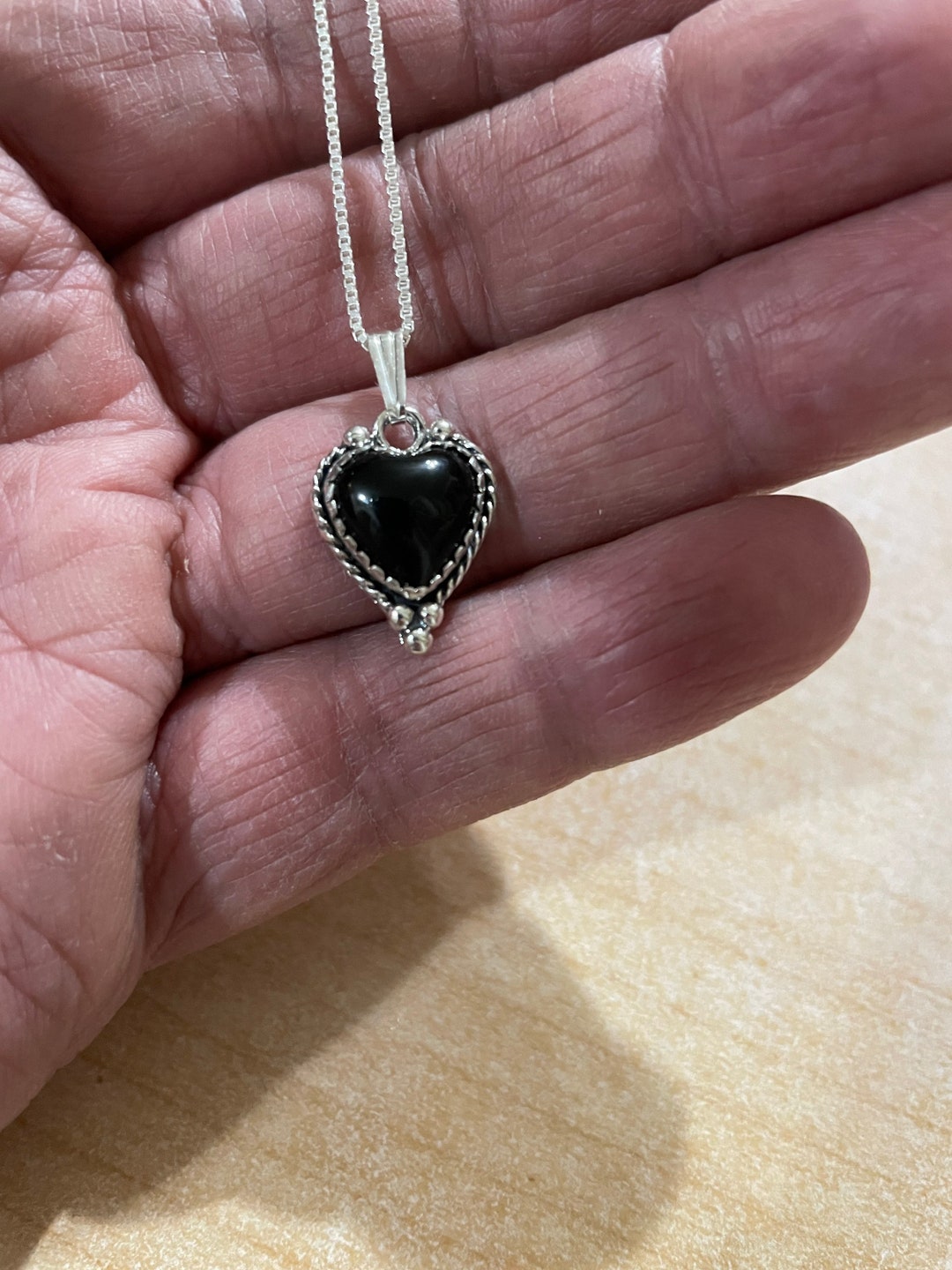Black Onyx Heart Pendant/sterling Silver/box Chain/black Stone Heart ...