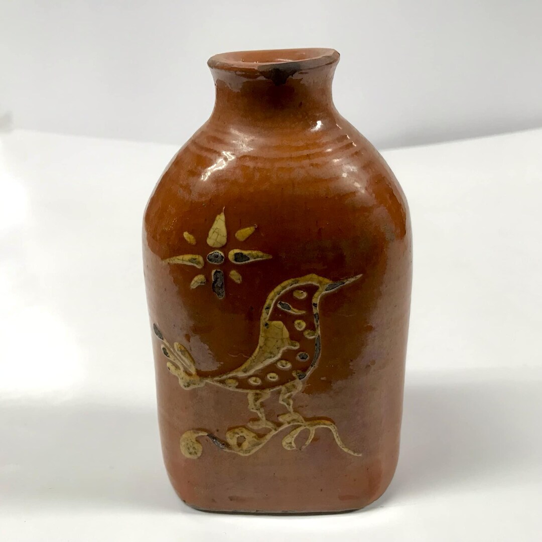 VERY EARLY Turtlecreek Pottery, Redware Flask, Bird, Slip Design ...
