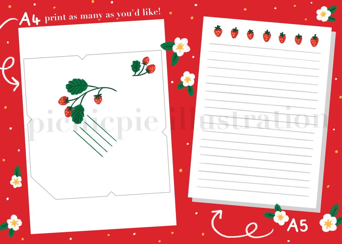 Printable Strawberry Letter Writing Set Penpal Paper & - Etsy