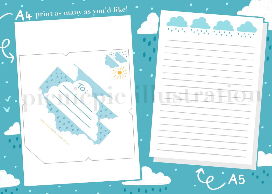 Printable cloud sky letter writing set penpal paper & | Etsy