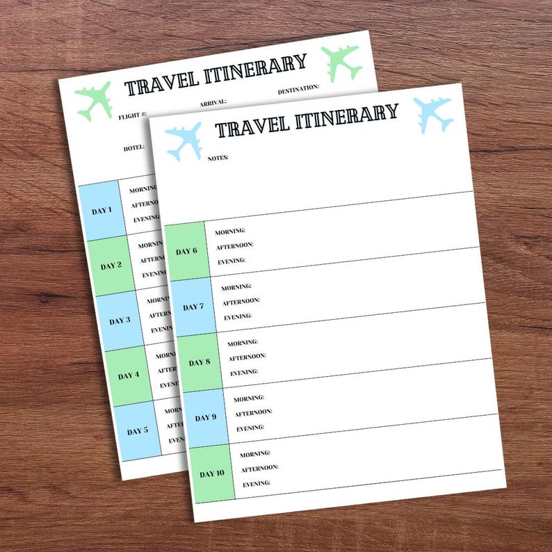 Editable Travel Itinerary Template, Minimalist Blue and Green Design ...