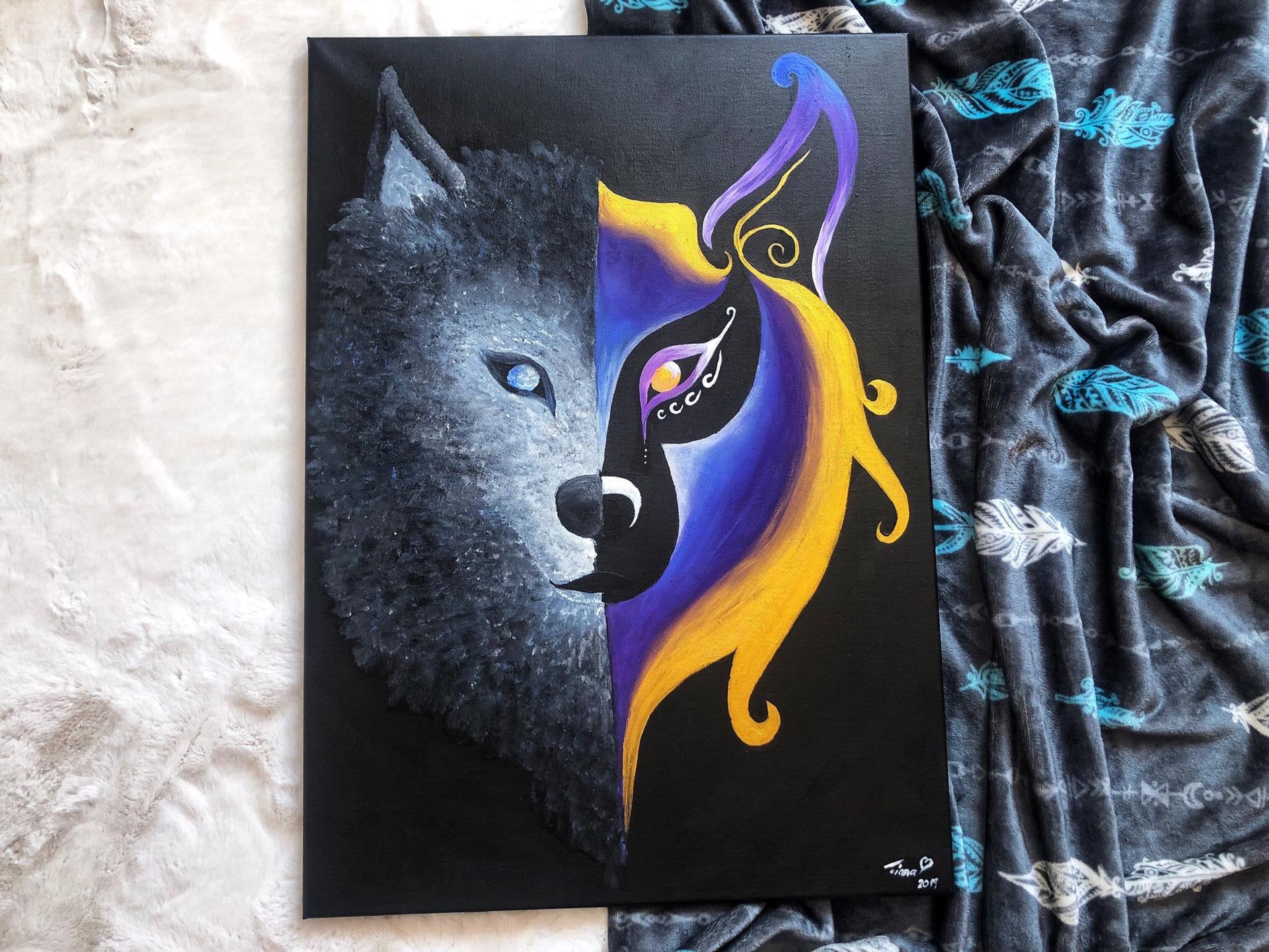 Wolf Wall Art, Fantasy Wolf, Two Faces, Two Sides, Colorful Wall Decor ...