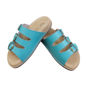 Women's Leather Turquoise Blue Sandals With Straps Natural Leather ...