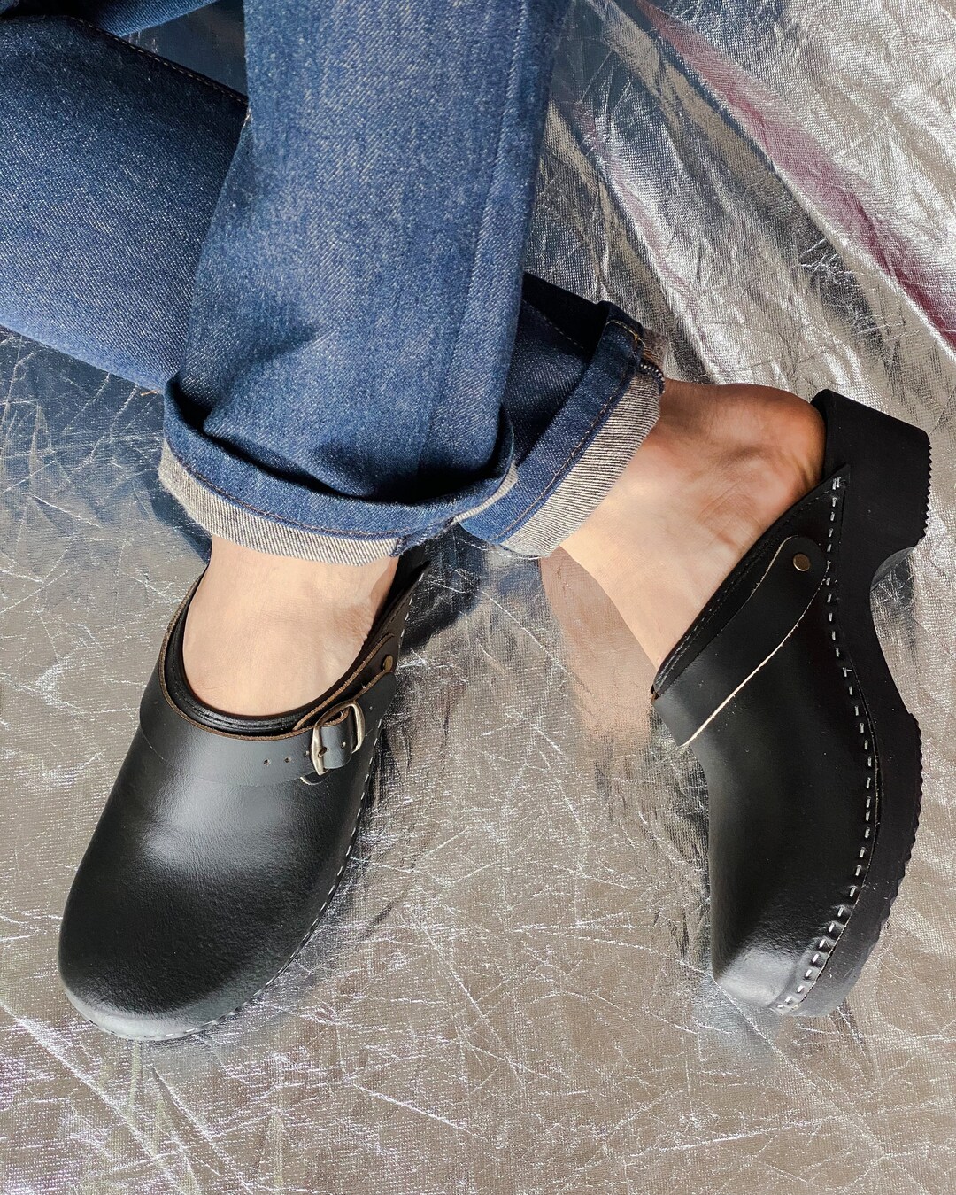 Swedish Clogs Sweden Low Wood Black Leather / Wooden Clogs / Clog Mens ...