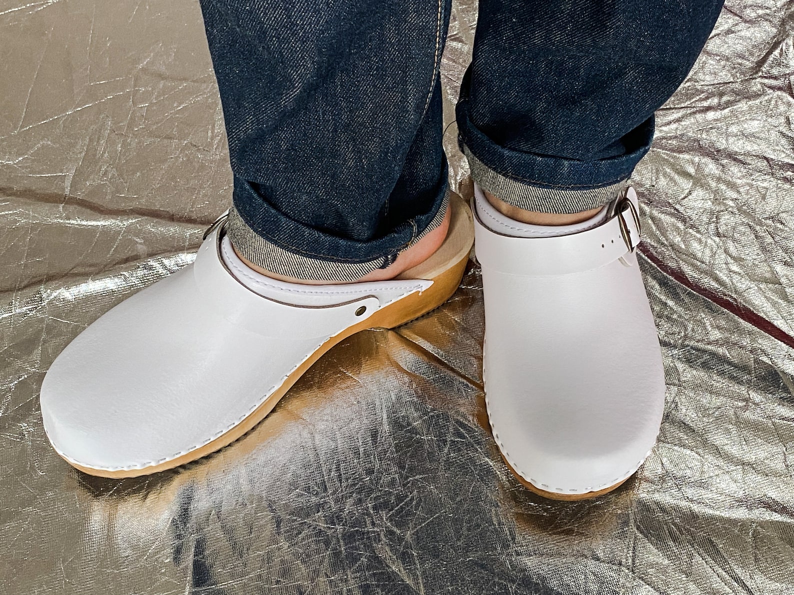 Swedish Clogs Sweden Low Wood White Leather / Wooden Clogs / Clog Mens ...