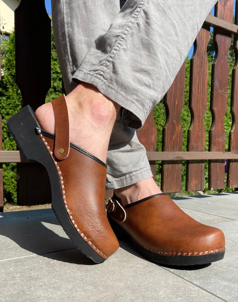 Swedish Clogs Sweden Low Wood Brown Leather / Wooden Clogs / Clog Mens ...