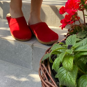 Swedish Clogs Sweden Low Wood Red Leather / Wooden Clogs / Clog Womens ...