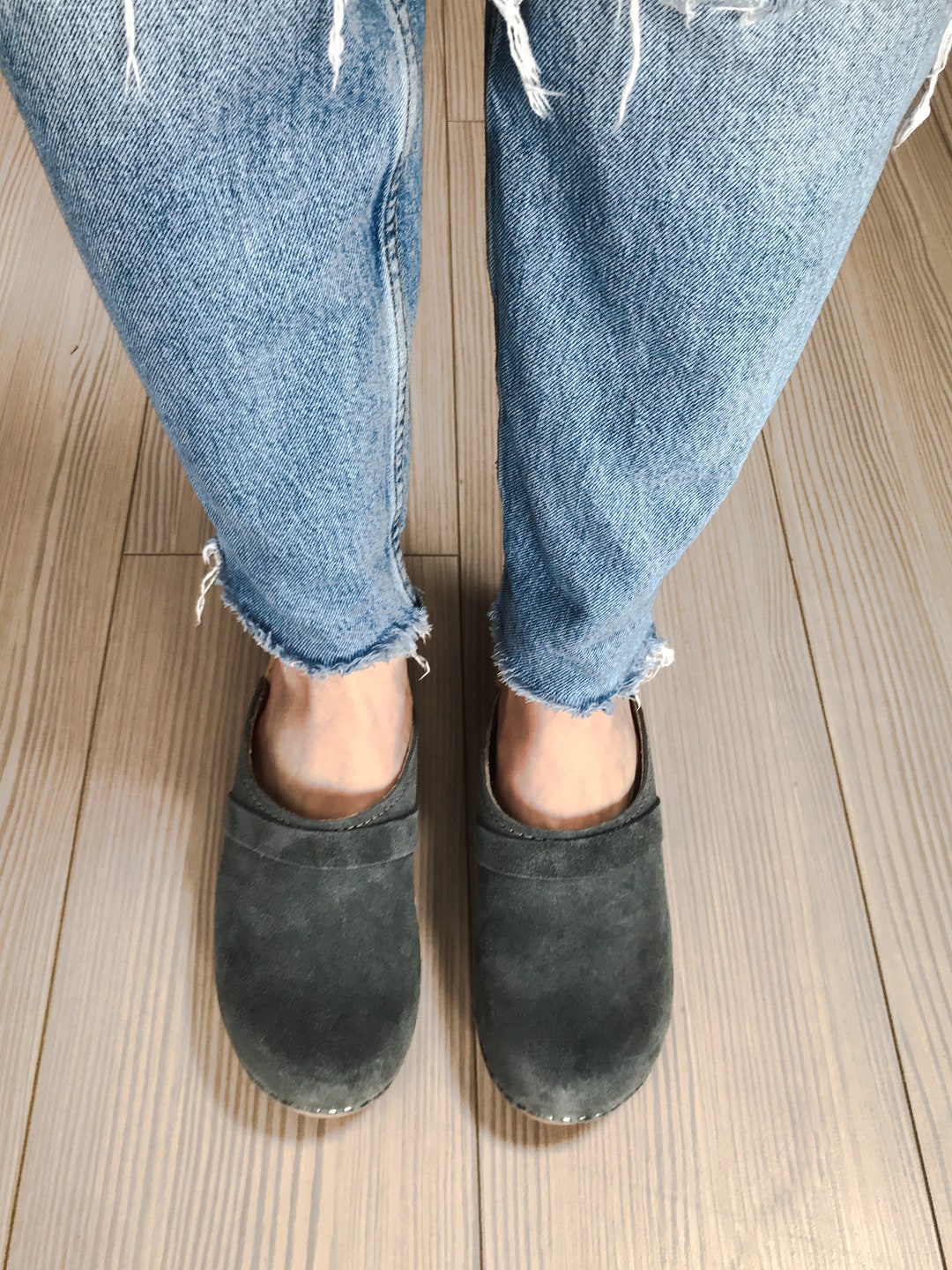 Suede Leather Grey Clogs Vintage Sandals Swedish Wooden Suede Clogs ...