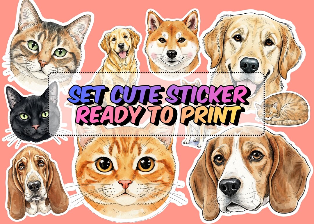 50+ Watercolor Illustration of Cat and Dog Sticker Set, Cute Printable ...