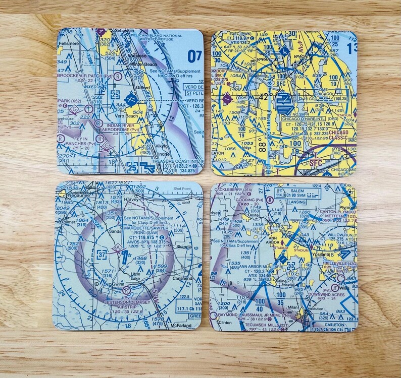 Aviation VFR Sectional Chart Wood Coasters Airport of Choice Set of 4 ...