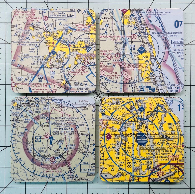 Aviation VFR Sectional Chart Wood Coasters Airport of Choice Set of 4 ...
