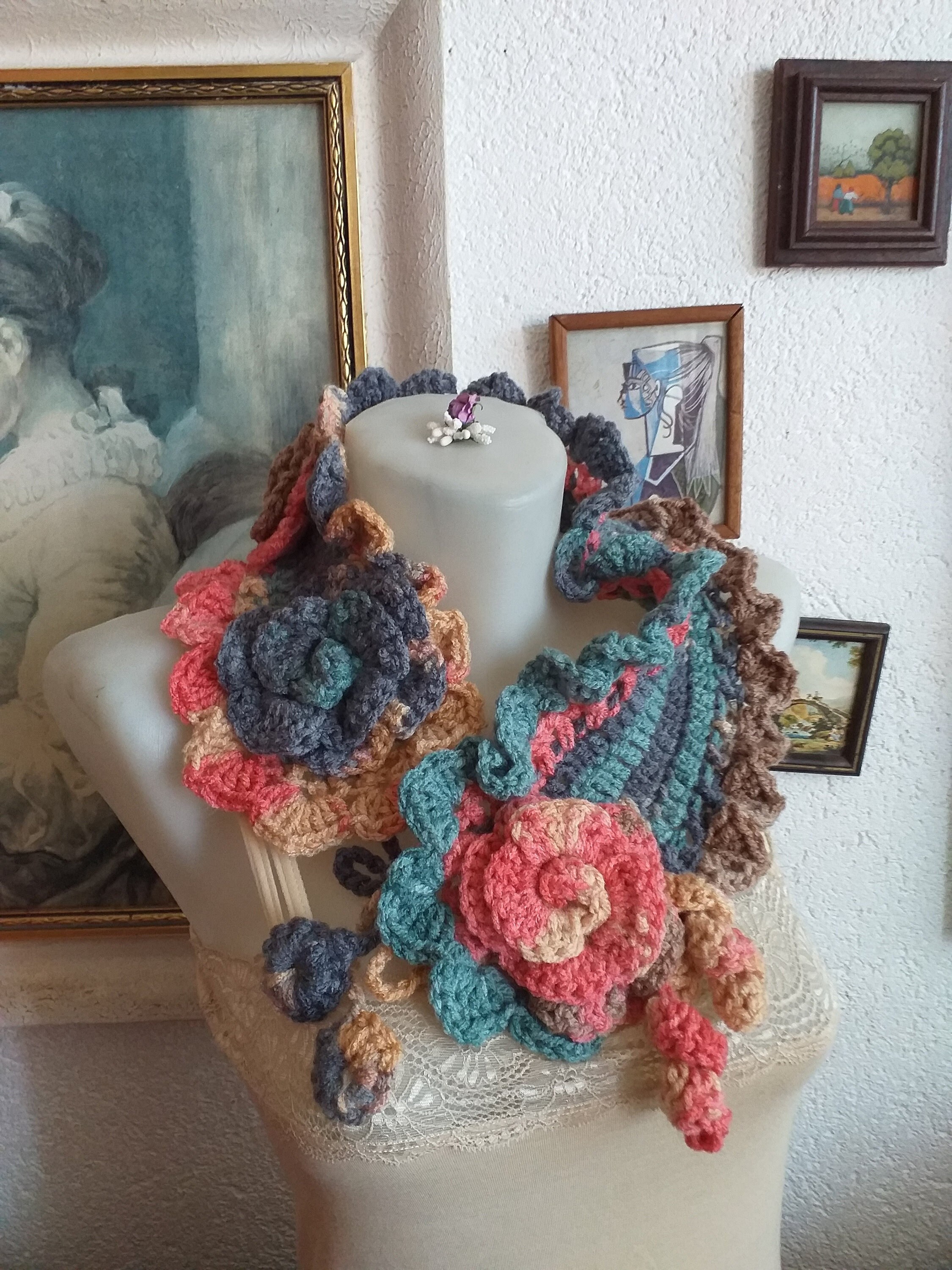 Crochet Cowl,freeform Crochet,flower Cowl,handmade Neckwarmer, Bohemian ...