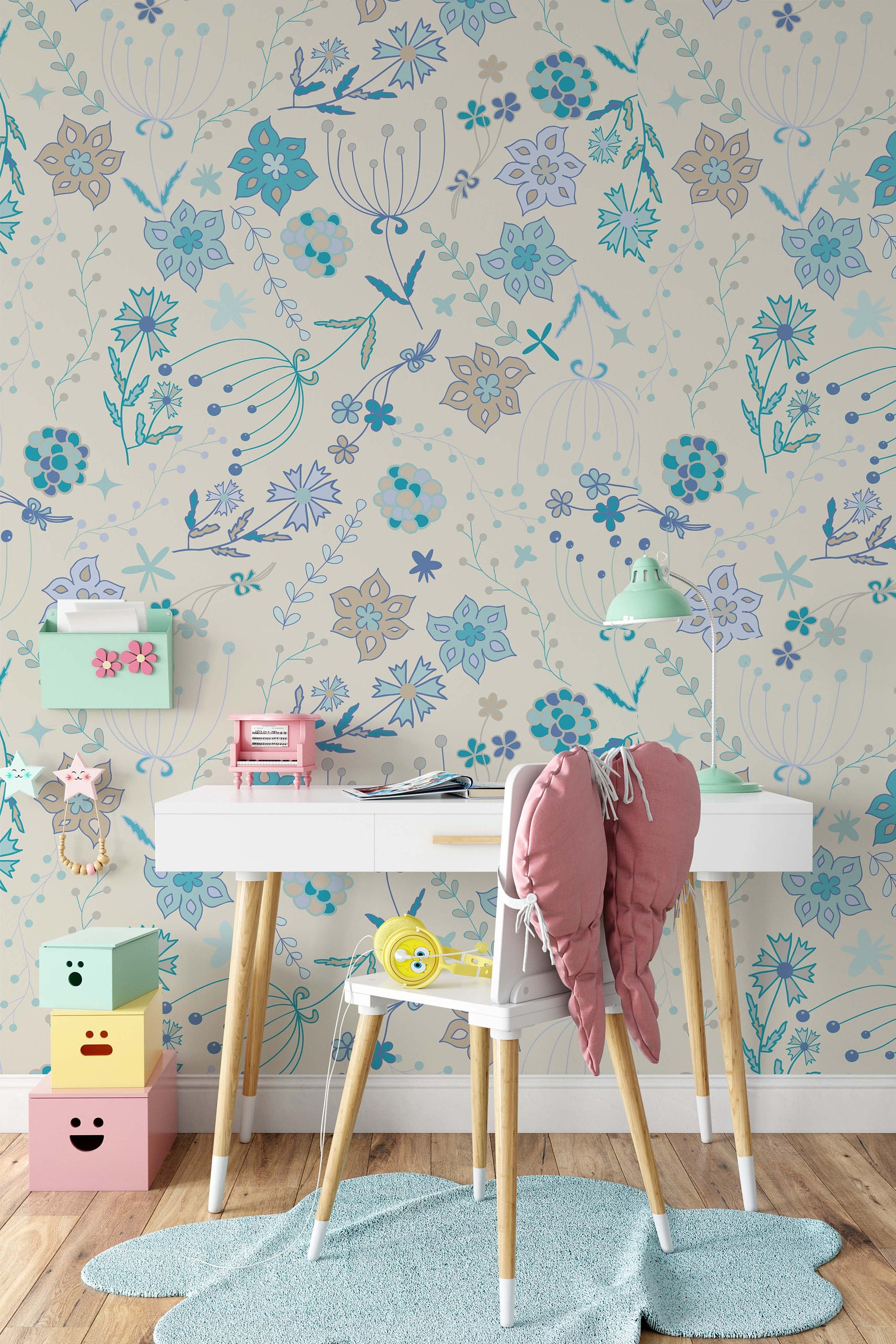 Pink and Blue Floral Pattern Plants Flowers Wallpaper Self - Etsy