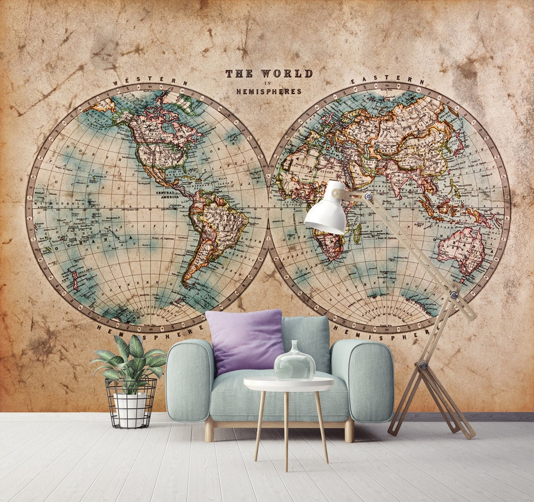 World Map Wallpaper Vintage Style Removable - Etsy