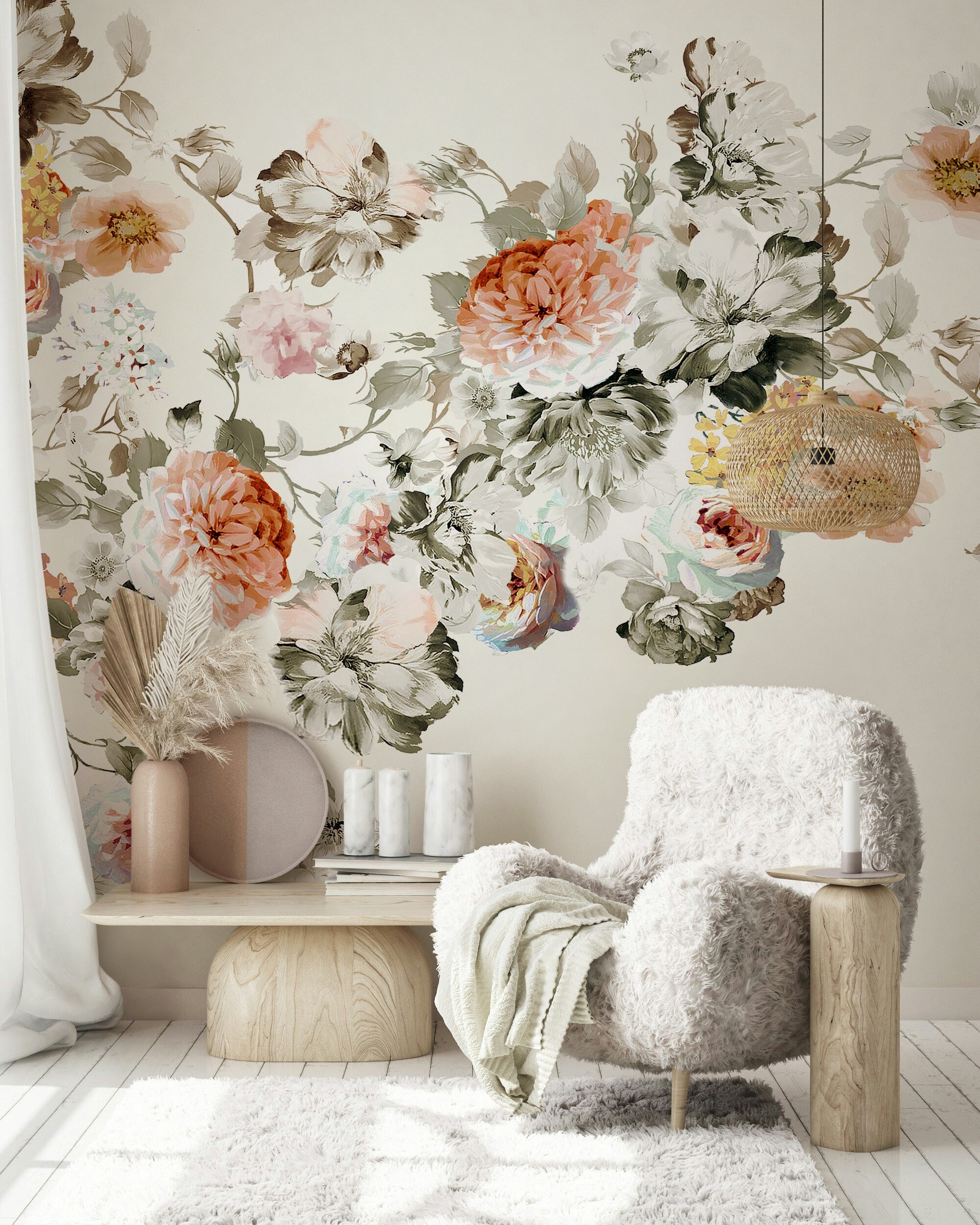 Colorful Roses and Flowers on Tree Branch Luxury Floral Wallpaper Self ...