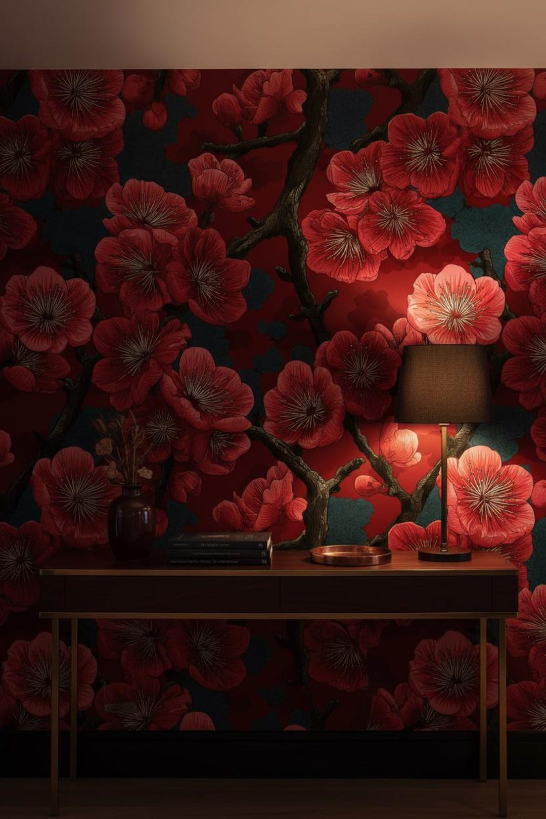 Floral Wallpaper Red Peel and Stick Traditional Wall Mural - Etsy