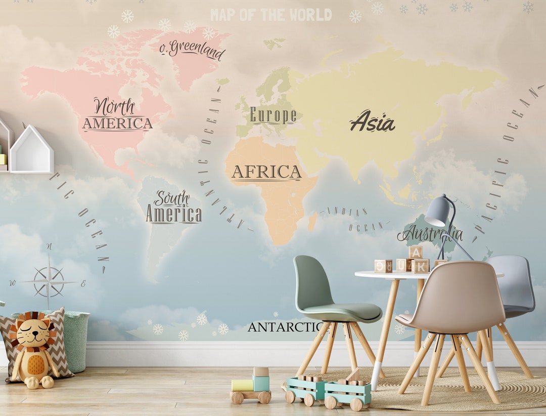 Colored World Maps Wallpaper Kids Room Wall Mural Removable - Etsy