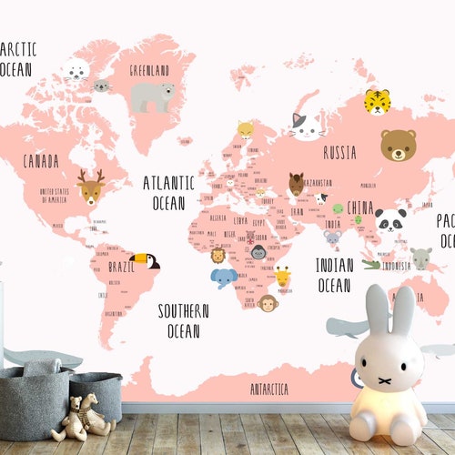 Pink for Girls Kids World Map Cartoon With Cute Animals - Etsy