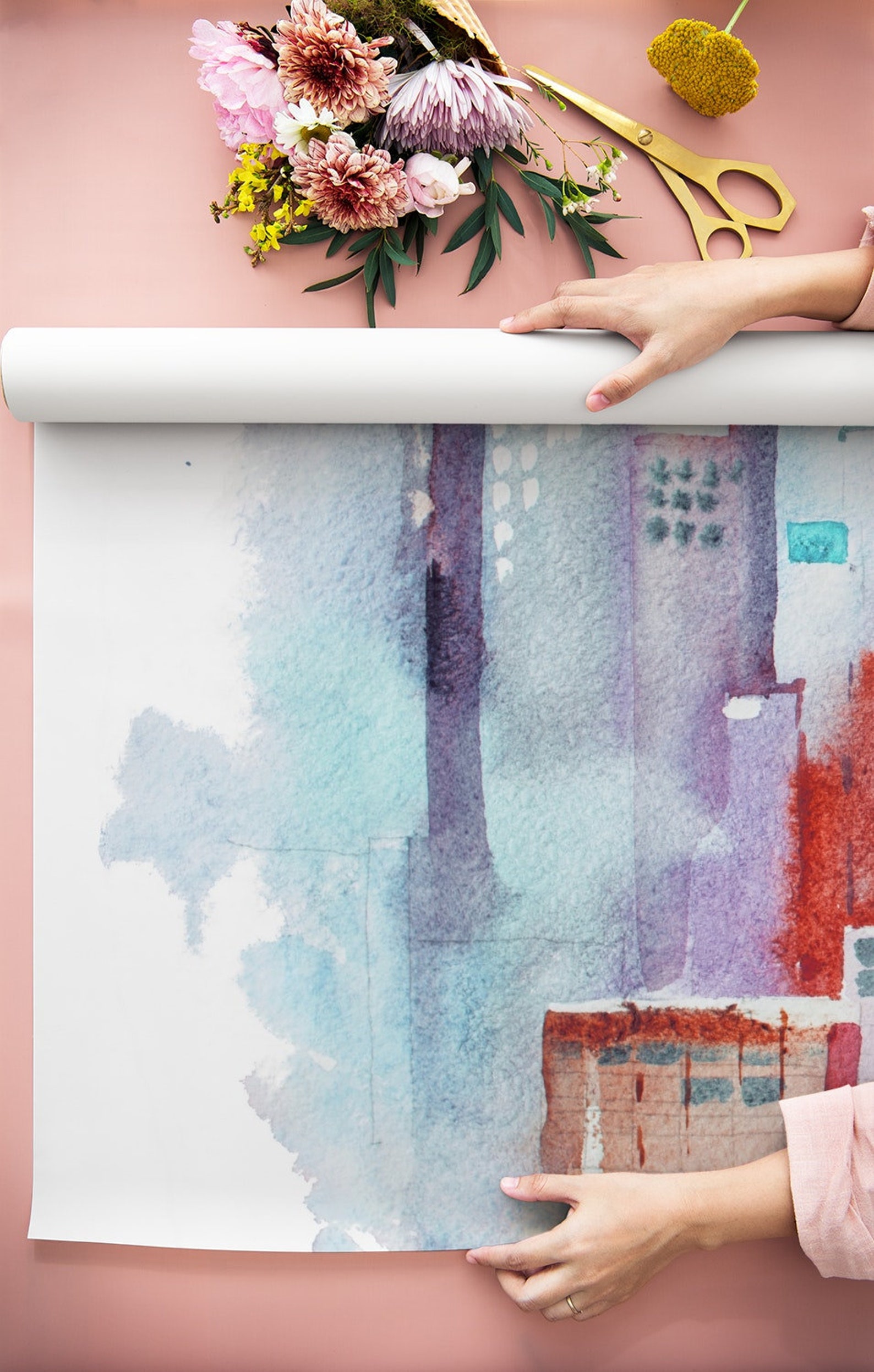 Colorful Skyscraper City Watercolor Modern Wallpaper Self Adhesive Peel ...