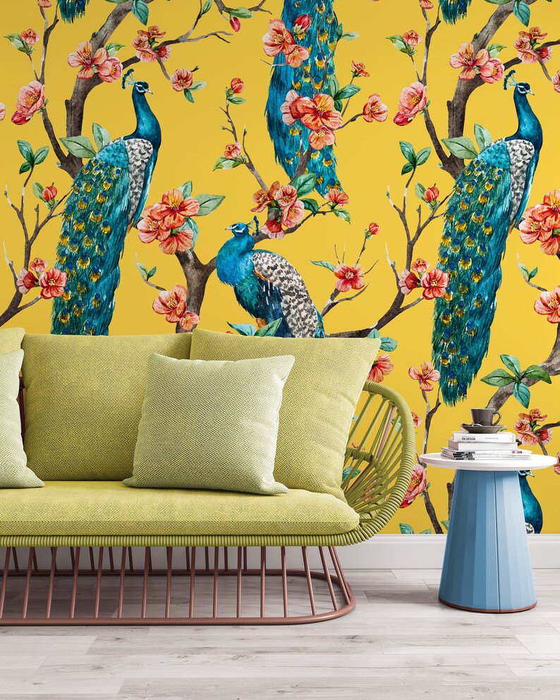 Watercolor Peacock on the Tree Cherry Wallpaper Self Adhesive - Etsy