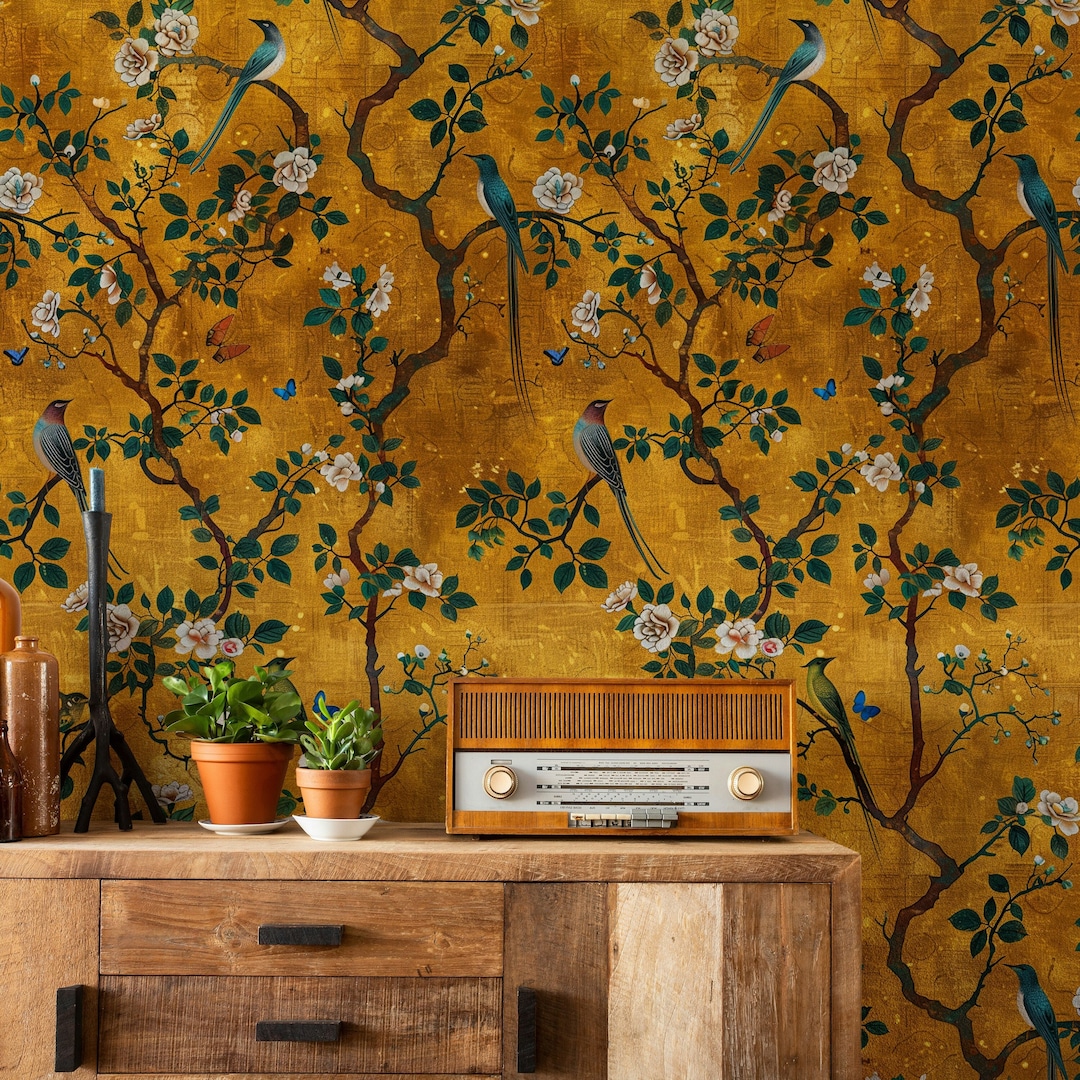Golden Botanical Bird Wallpaper - Vintage Floral Pattern With Birds ...