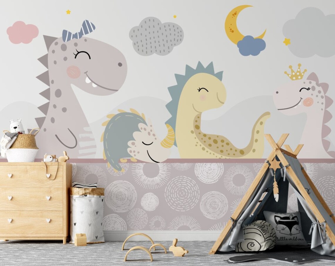 Baby Dinosaur Wallpaper Peel and Stick Kids Room Wall Mural - Etsy