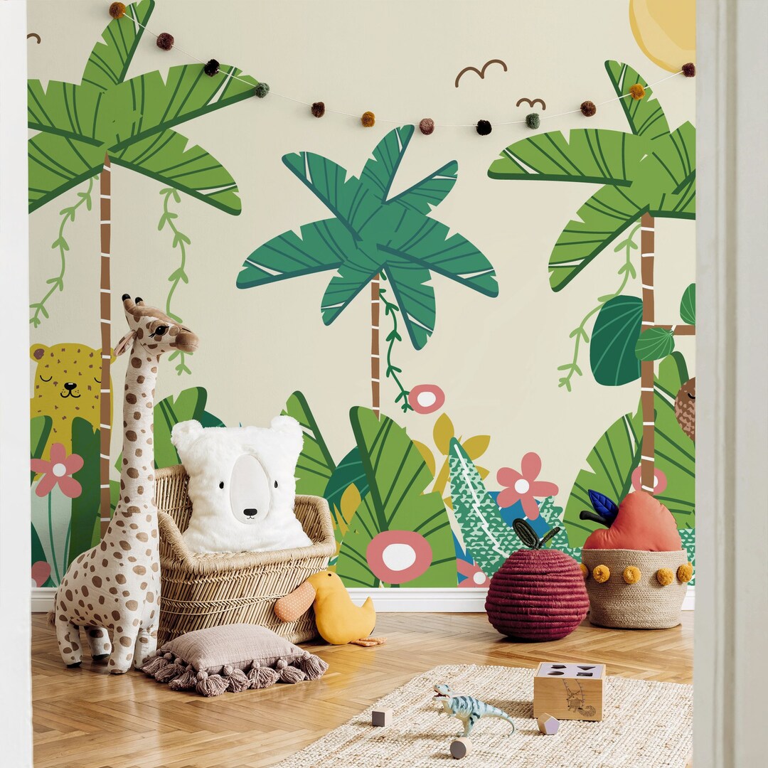 Kids Palm Tree Wallpaper Colorful Plants Wall Decor Nursery Peel and ...