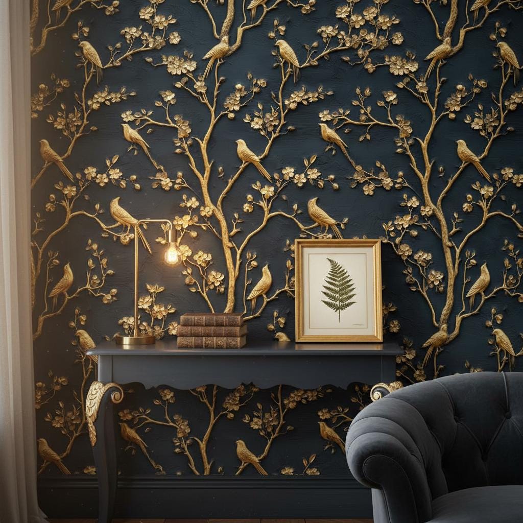 Golden Look Birds Wallpaper Classic Peel and Stick Elegant Wall Mural ...