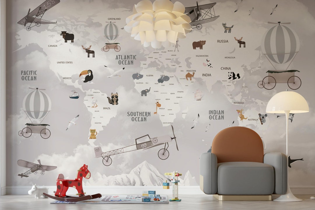 Kids World Map Wallpaper Peel and Stick Nursery Map Wall Mural - Etsy
