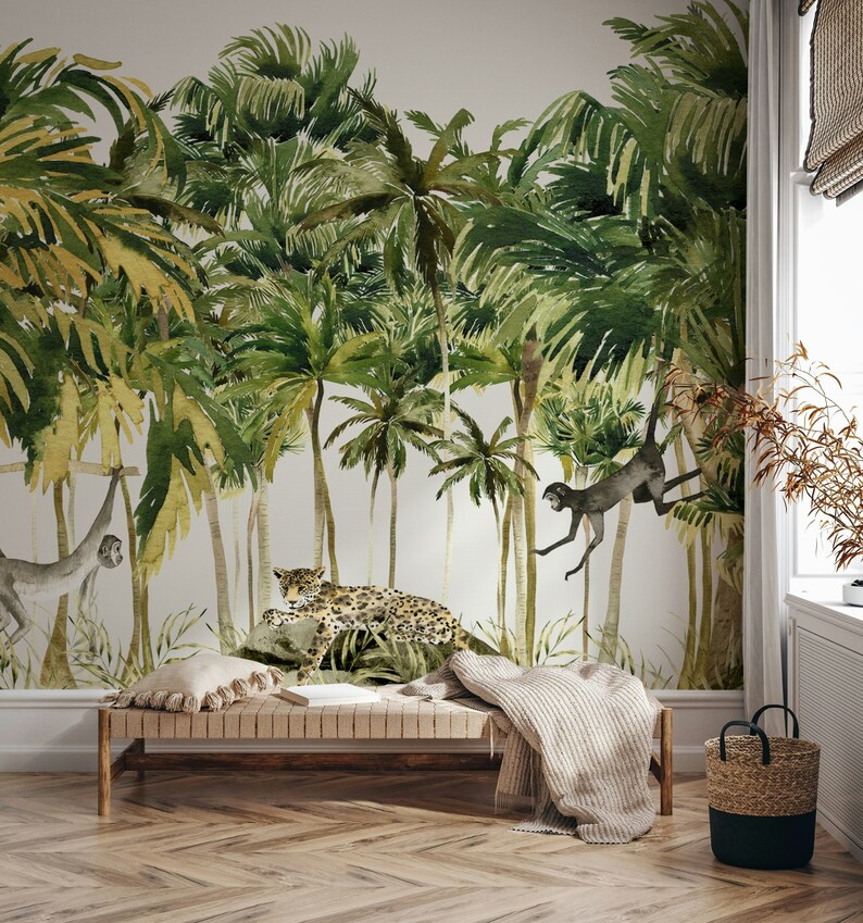 Baby Monkeys and Leopard Playing in the Jungle Wallpaper Self Adhesive ...