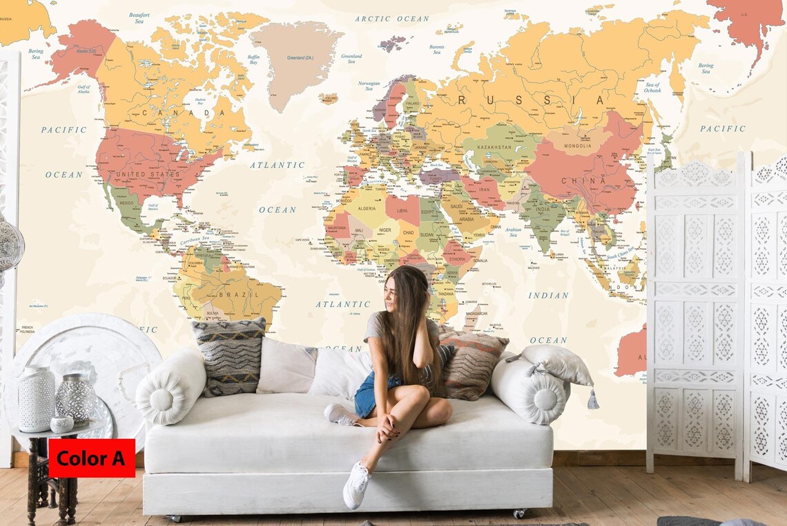 World Map Wallpaper Custom Peel and Stick Scandinavian Wall - Etsy