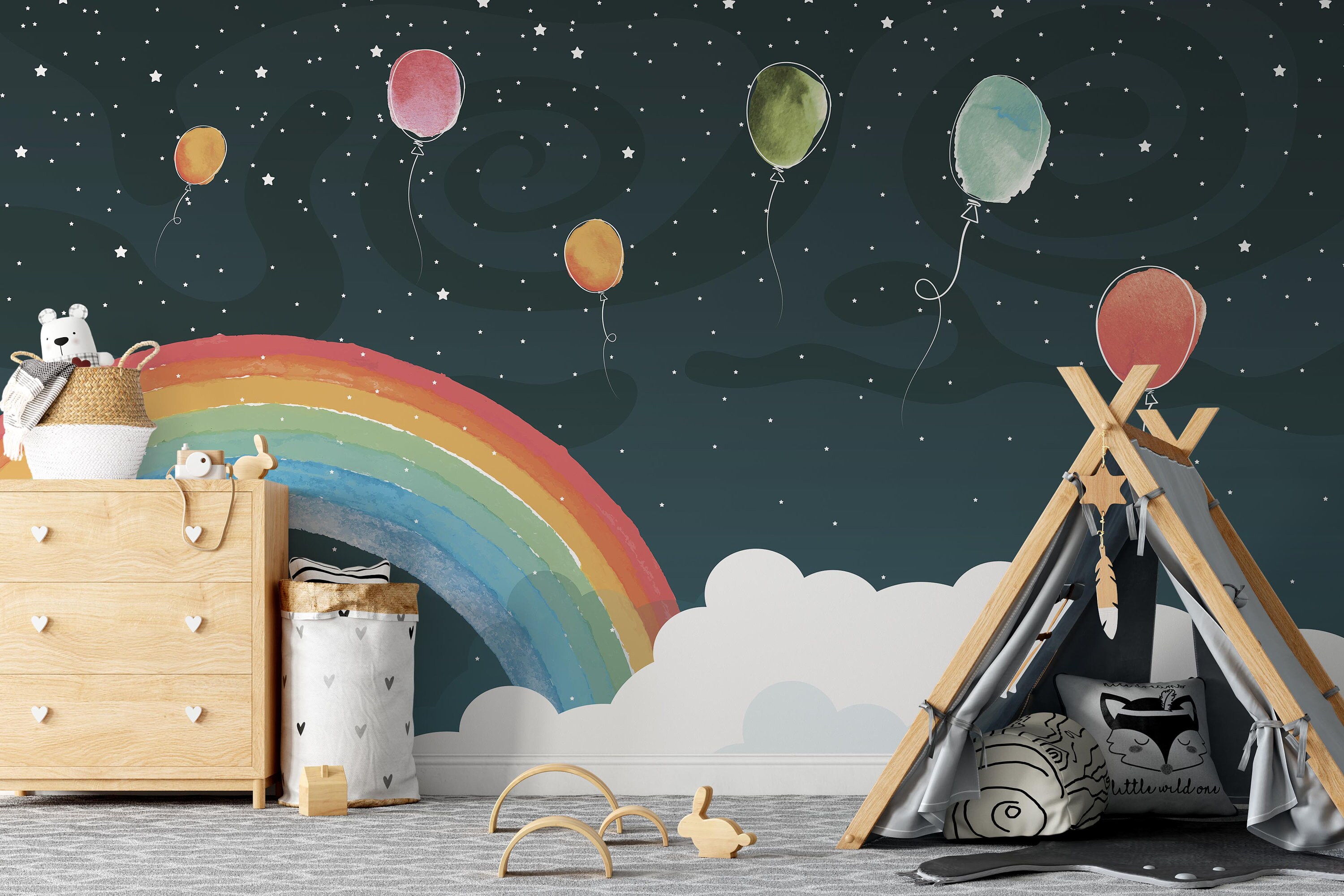 Rainbow on Clouds Stars in Midnight Sky Colorful Balloons - Etsy