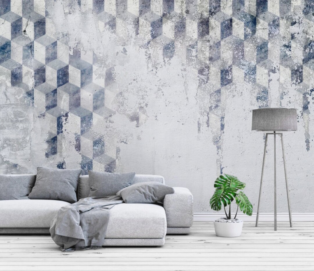 Geometric Square Shapes Abstract Blue Gray Modern Wallpaper - Etsy